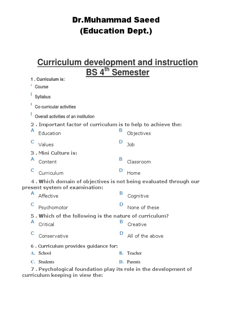 Curriculum Development and Instruction MCQs 4ht Semester | PDF | Curriculum | Learning
