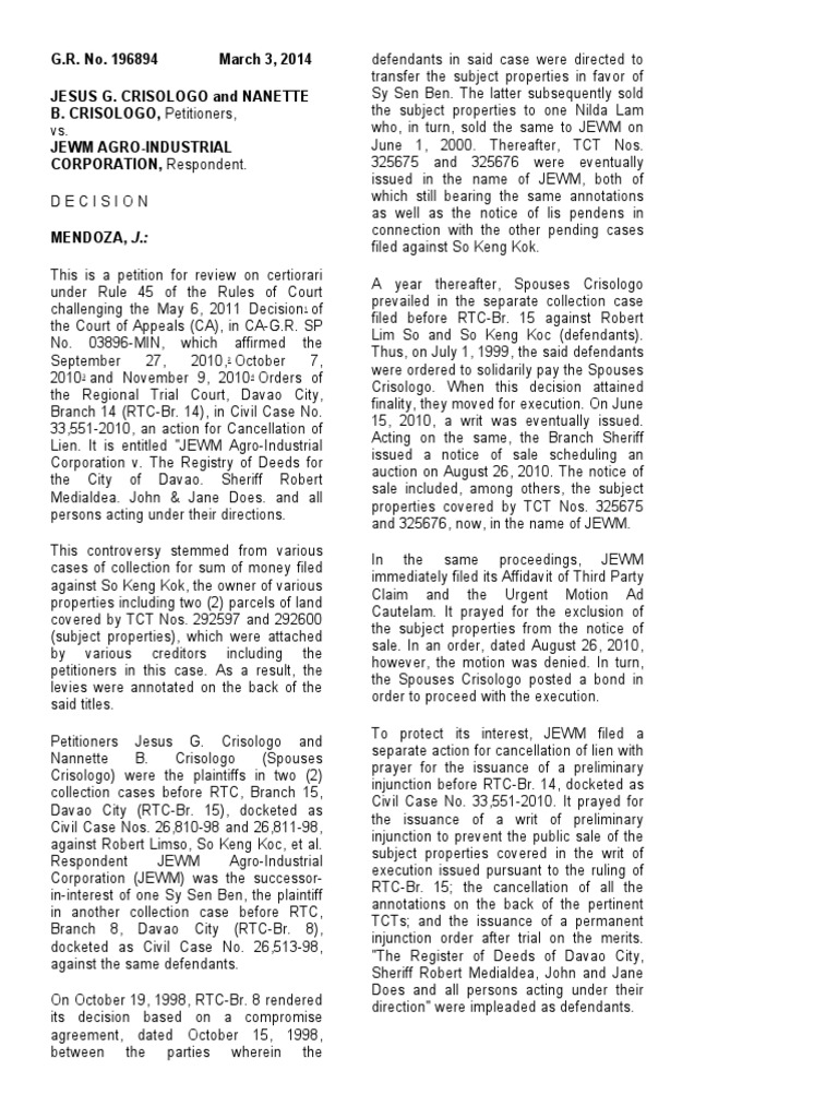 G.R. No. 196894 March 3, 2014 Jesus G. Crisologo and Nanette B ...