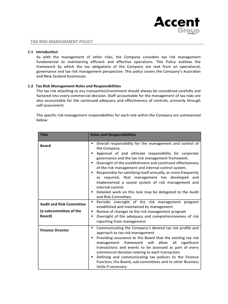 Tax Risk Management Policy | PDF | Internal Control | Taxes