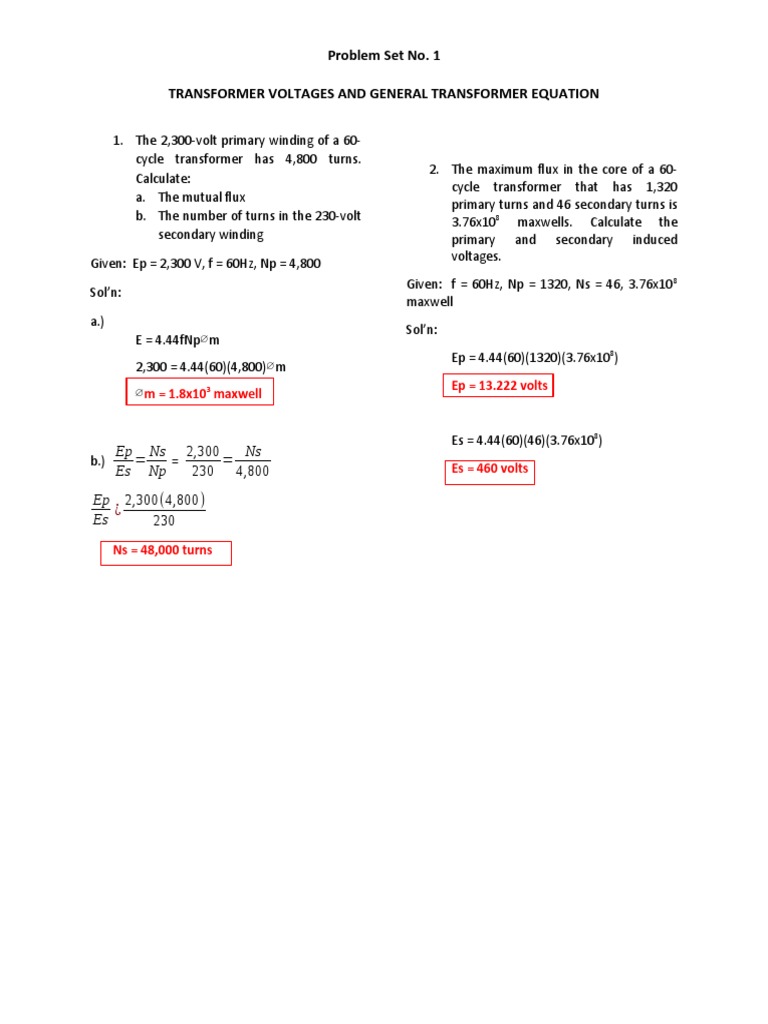 Problem Set No. 1 Transformer Voltages and General Transformer Equation | PDF | Volt | Transformer