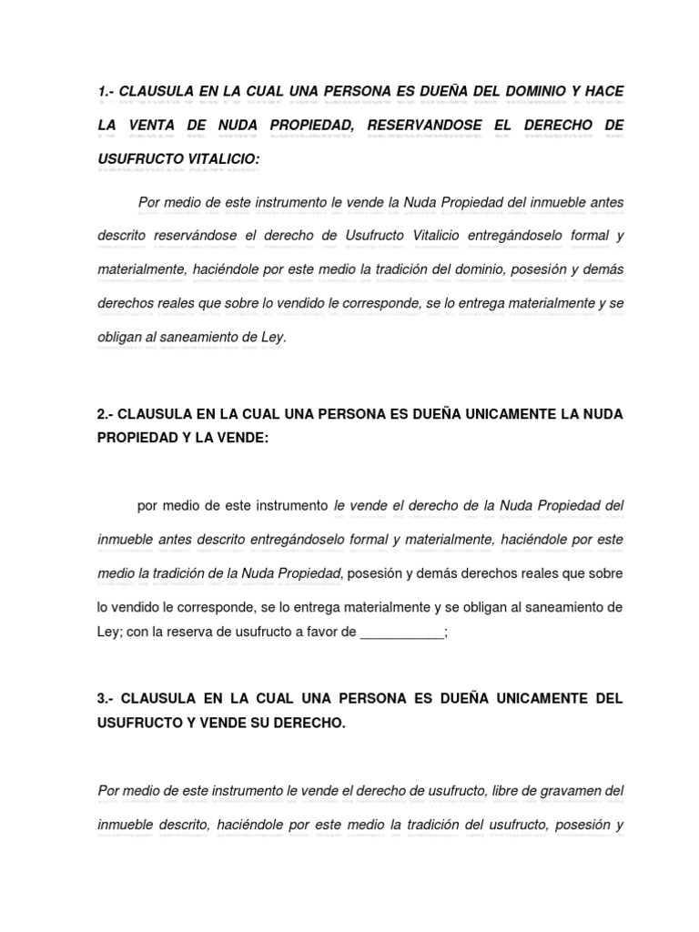 Ejemplos de Clausulas de Venta (Dominio, Usufructo, Nuda Propiedad) | PDF