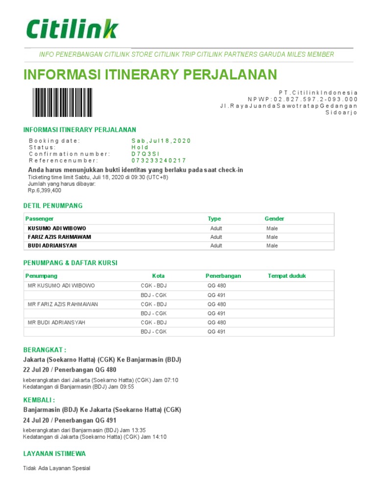Reservasi Citilink MR Kusumo Adi Wibowo | PDF