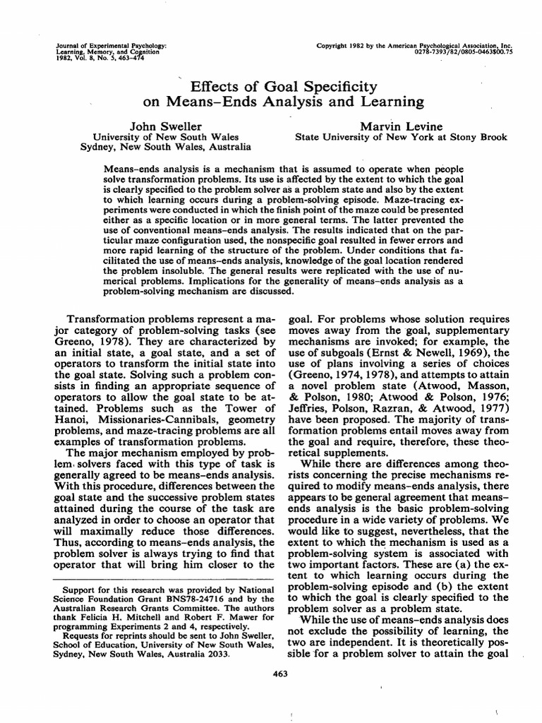 Effects of Goal Specificity On Means-Ends Analysis and Learning | PDF | Maze | Experiment