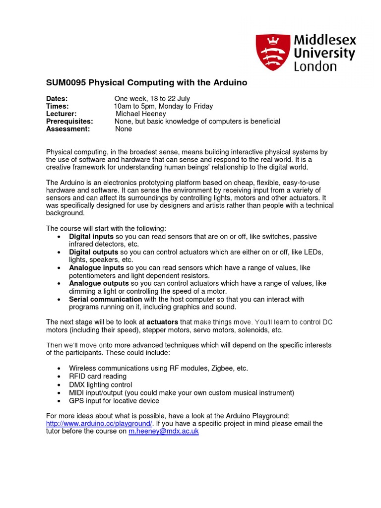 SUM0095 Physical Computing With The Arduino: M.heeney@mdx - Ac.uk | PDF ...