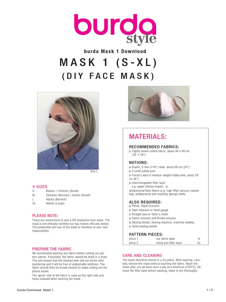 Burda Face Mask Sewing Pattern 125c0a8 | PDF | Seam (Sewing) | Sewing