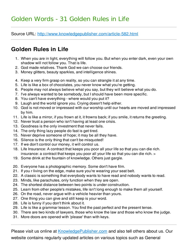Golden Words - 31 Golden Rules in Life | PDF