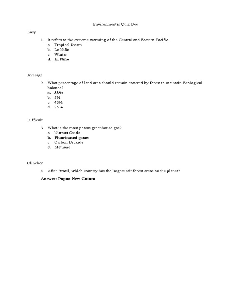 Environmental Quiz Bee Questions | PDF