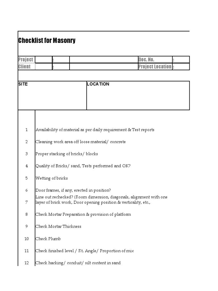 Checklist For Masonry | PDF
