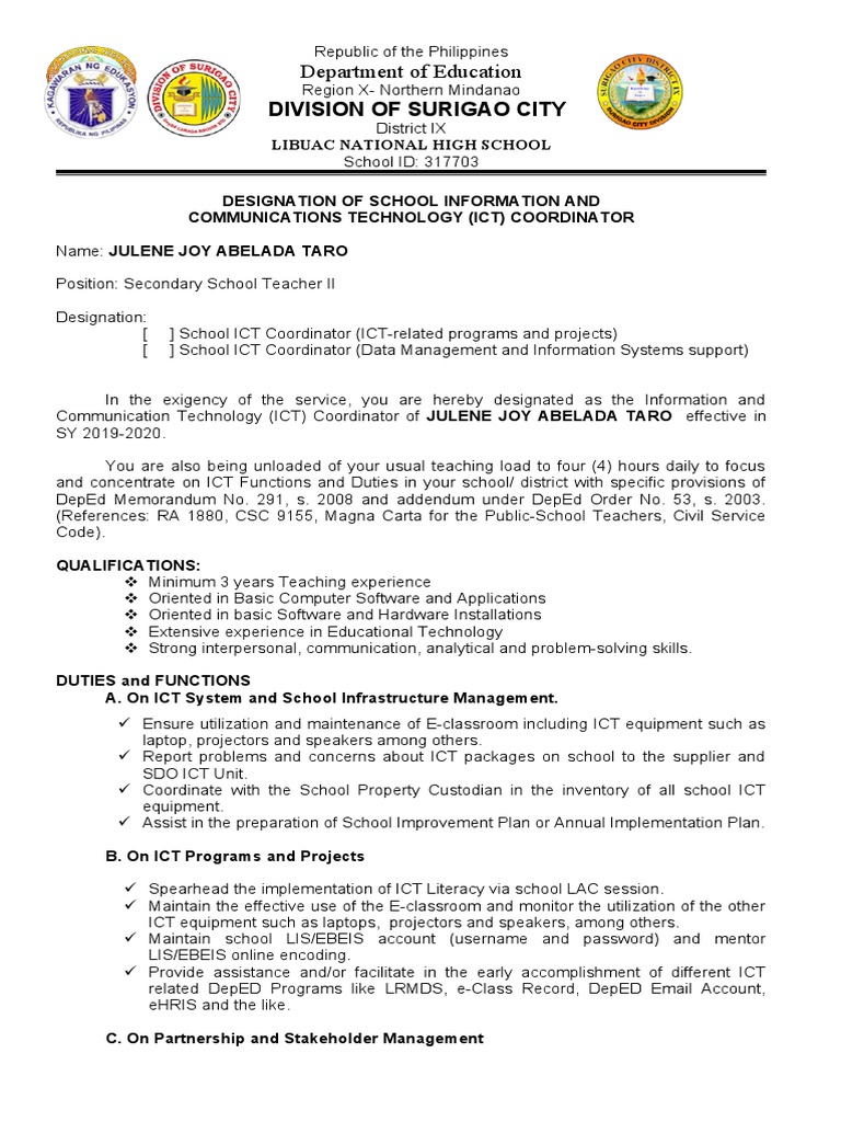 Libuac High School ICT Coordinator Designation | PDF | Educational ...