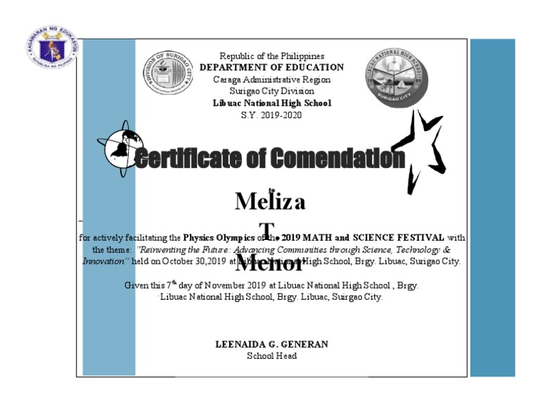 Certificate of Comendation: Meliza T. Menor | PDF