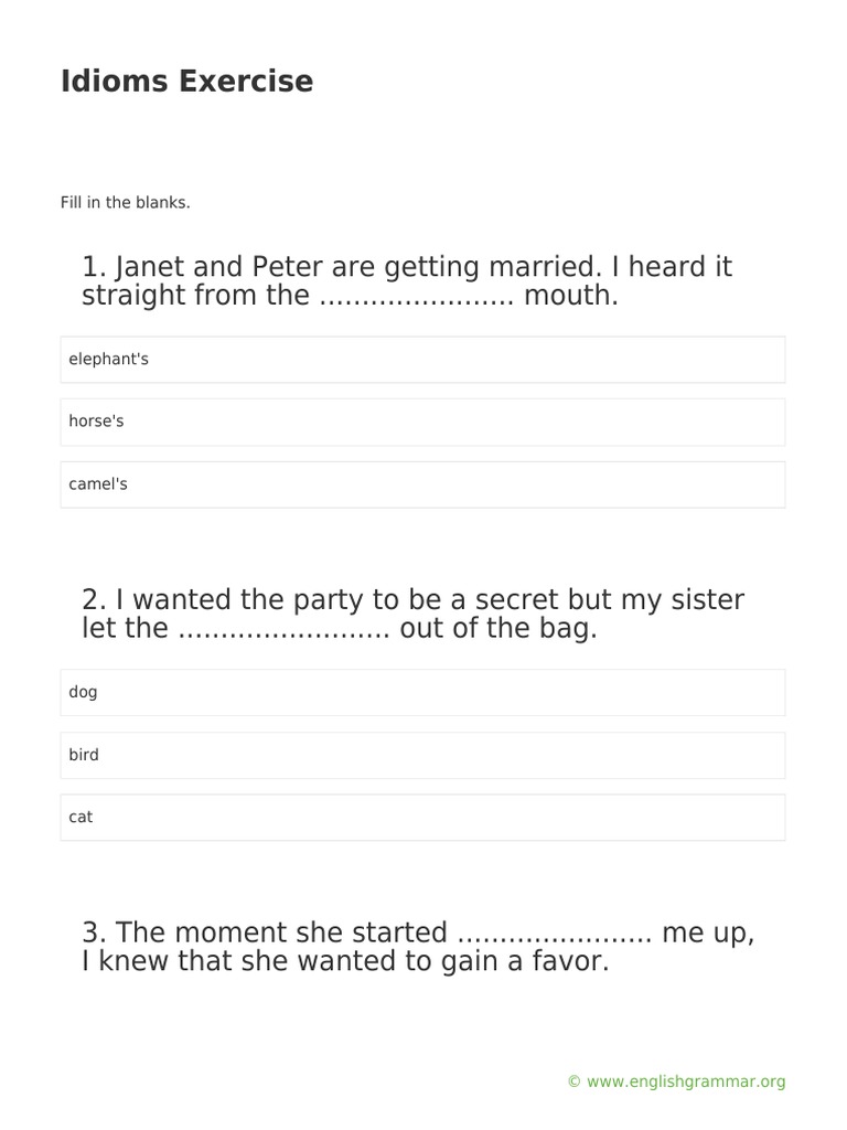 Idioms Exercise: Fill in The Blanks | PDF
