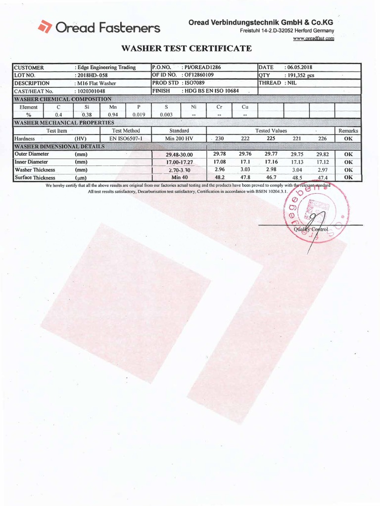 Oread Fasteners: Washer Test Certificate | PDF