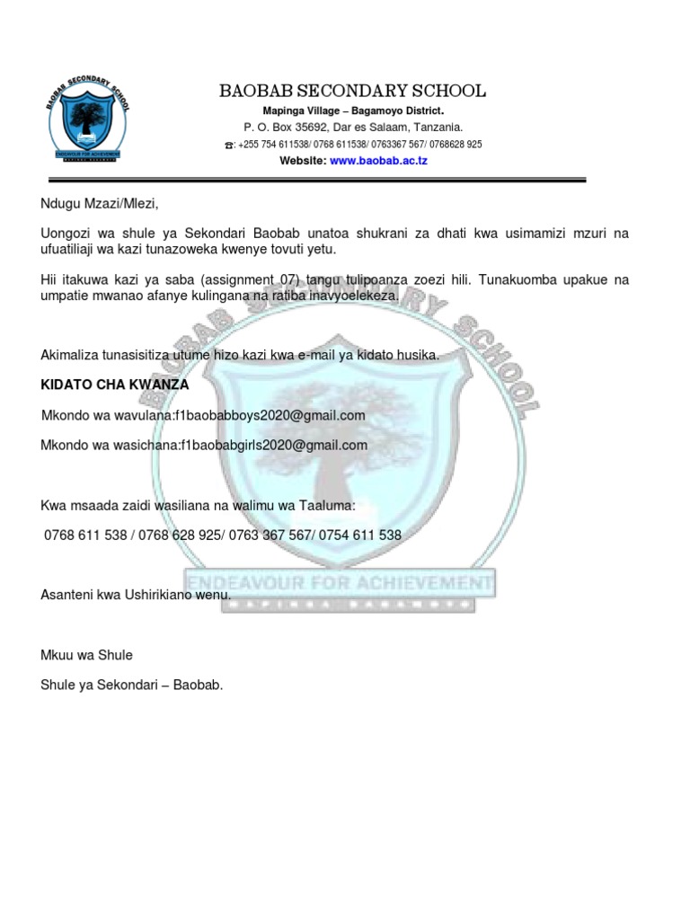 Baobab Secondary School: Kidato Cha Kwanza | PDF | Citizenship | Utility