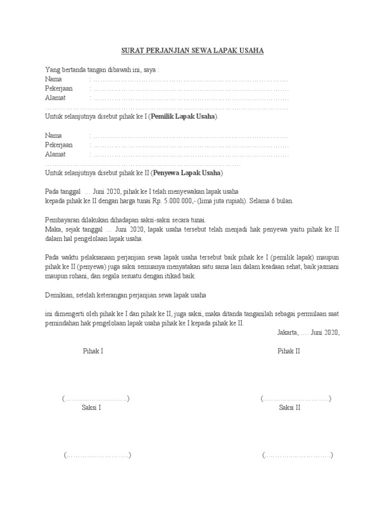Surat Perjanjian Sewa Lapak Usaha | PDF