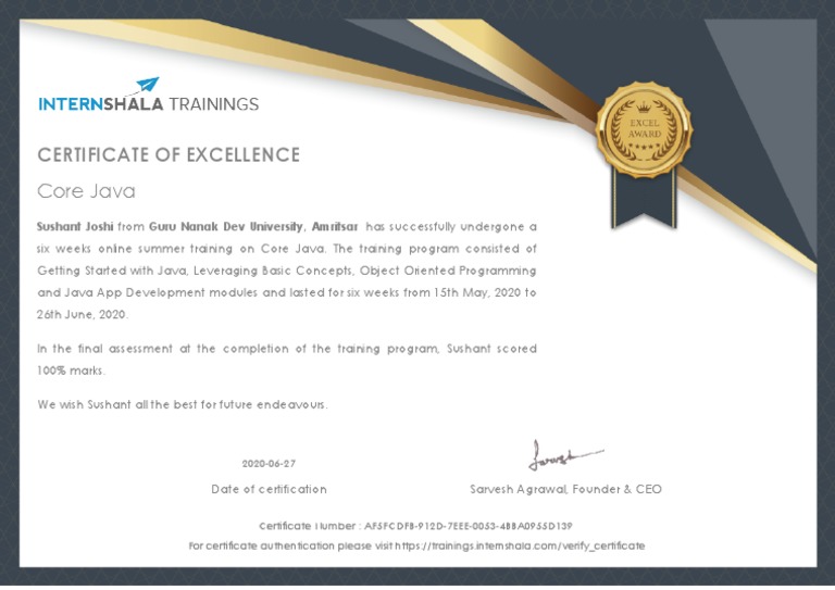 Core Java Training - Certificate of Excellence PDF | PDF