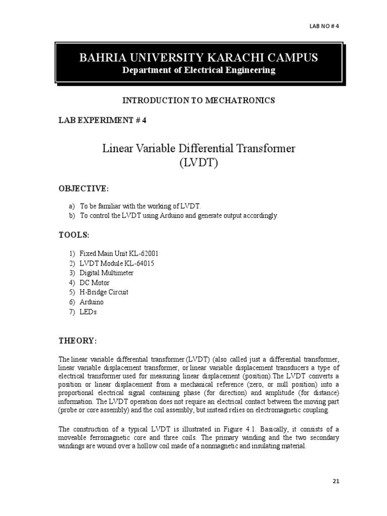 LAB - 4 - Linear Variable Differential Transformer - LVDT PDF | PDF ...