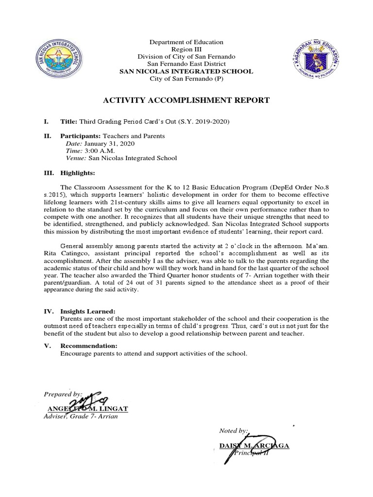 Activity Accomplishment Report: San Nicolas Integrated School ...