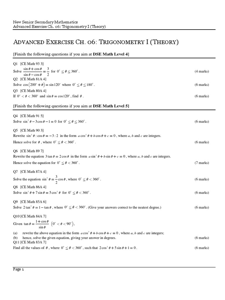Advanced Trigonometry Exercises DSE Math | PDF | Teaching Mathematics ...