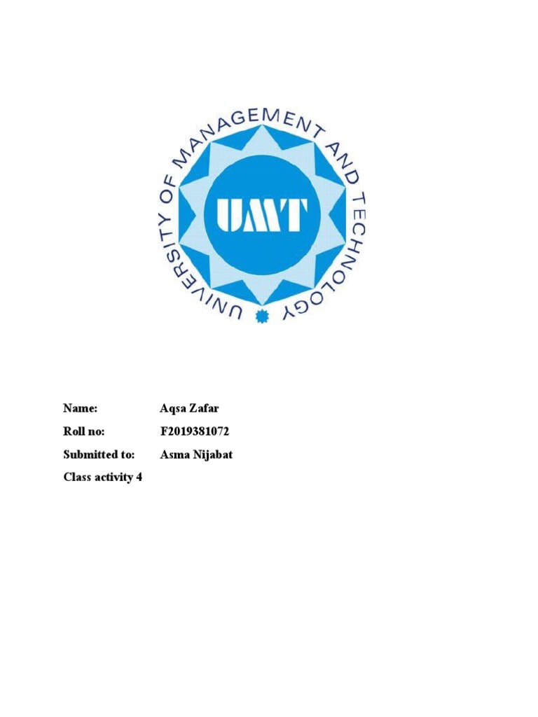 Name: Aqsa Zafar Roll No: F2019381072 Submitted To: Asma Nijabat Class ...