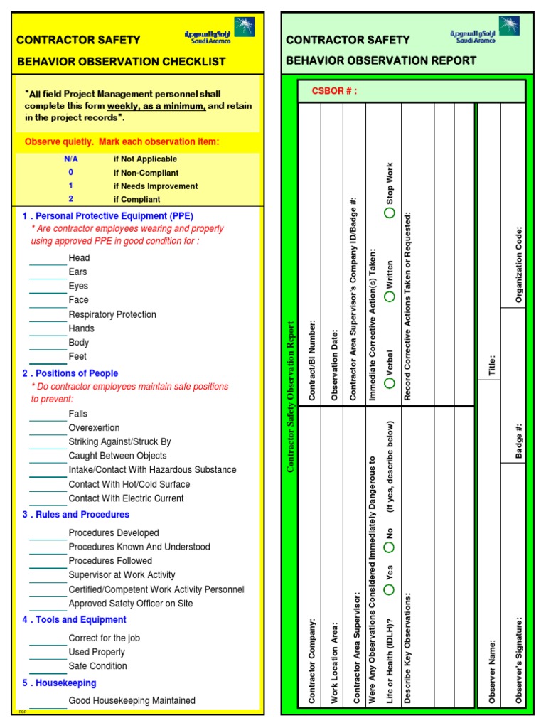 Contractor Safety Behavior Observation Checklist Contractor Safety ...