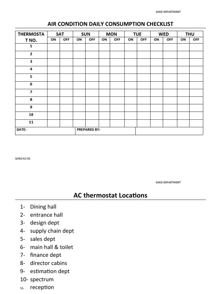 Air Condition Daily Consumption Checklist: Thermosta T No. SAT SUN MON ...