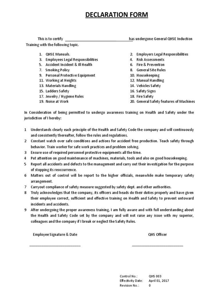 QHSE Induction Declaration Form | PDF | Occupational Safety And Health ...