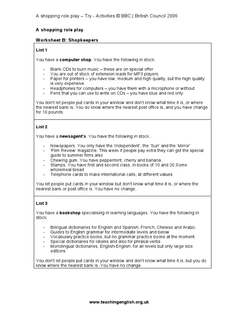 A Shopping Role Play Worksheet B: Shopkeepers | PDF | Cuisine | Foods