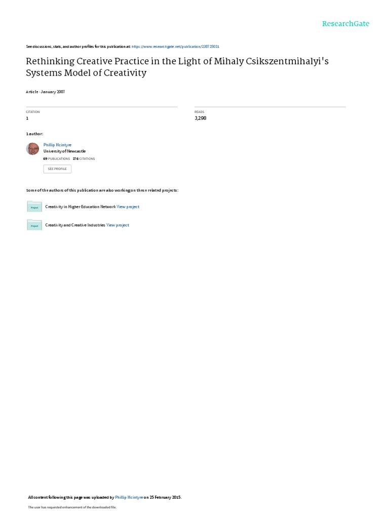 Rethinking Creative Practice in The Light of Mihaly Csikszentmihalyi's ...