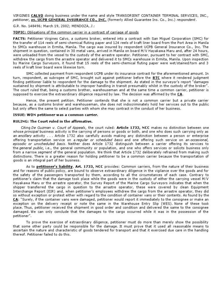 Calvo v. UCPB General Insurance | PDF | Common Carrier | Cargo