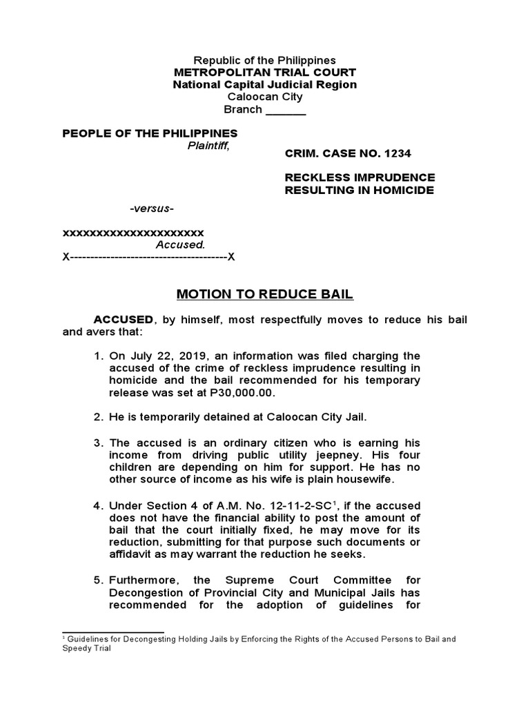 Sample Motion Reduce Bail | PDF | Bail | Crime & Violence