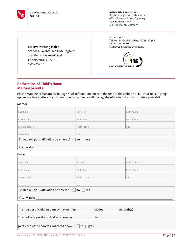 Declaration of Child's Name Married Parents | PDF | Birth Certificate ...