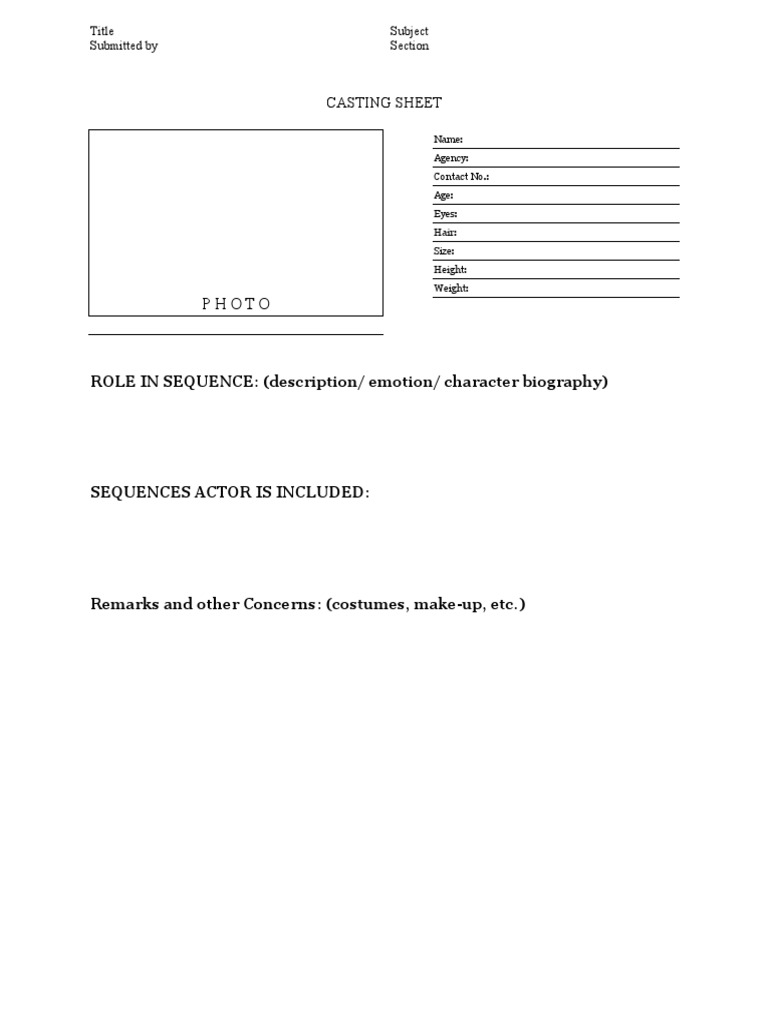 Casting Sheet: ROLE IN SEQUENCE: (Description/ Emotion/ Character ...