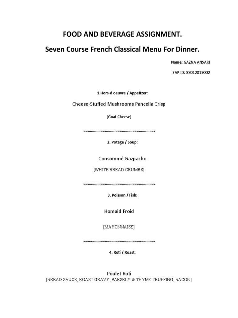 Food and Beverage Assignment. Seven Course French Classical Menu For ...