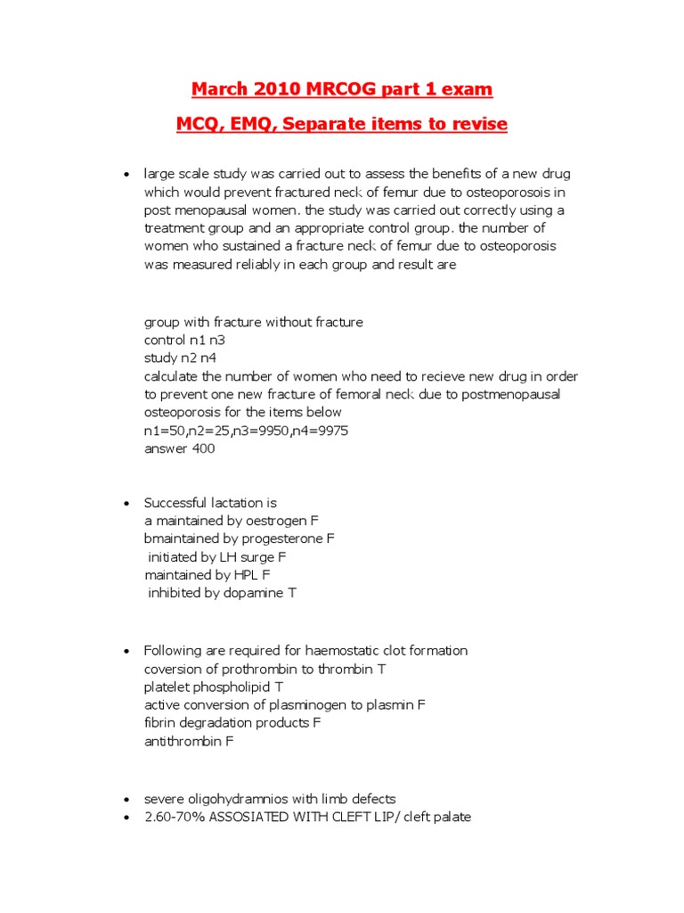 MRCOG Part 1 Pastpapers Recall - (2005-2010) | PDF | Vitamin C | Vitamin A