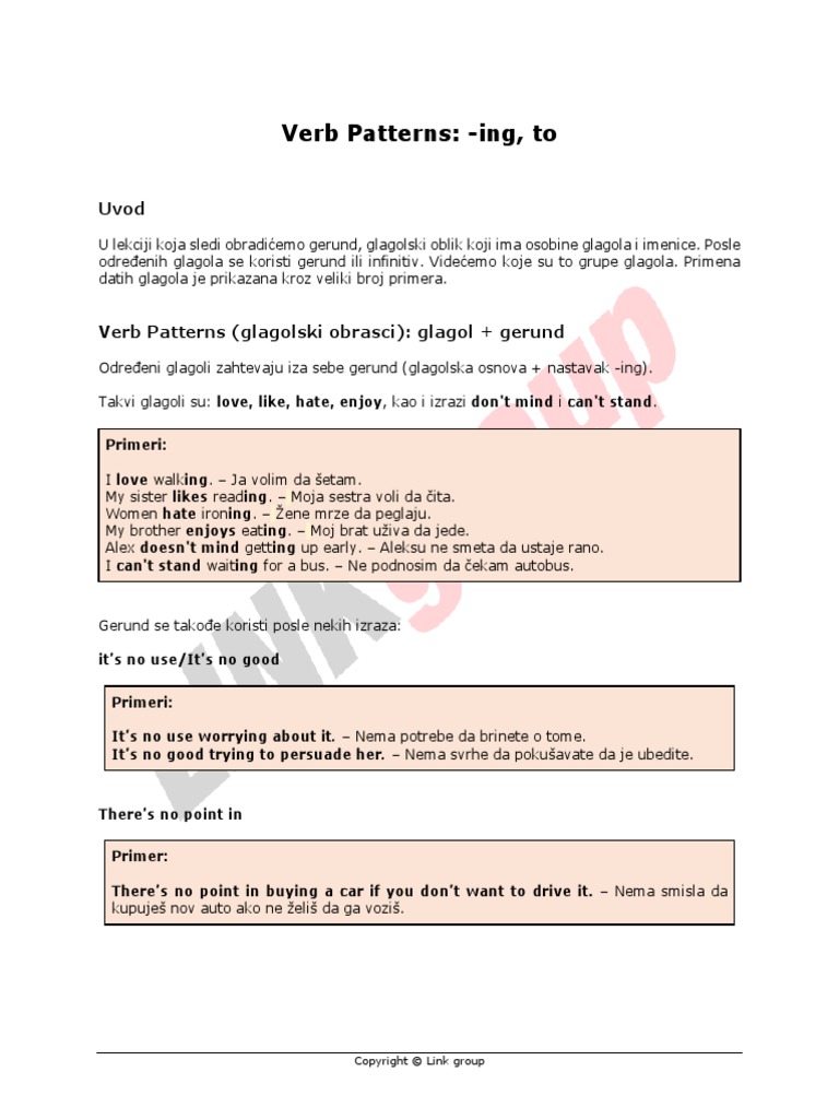 Verb Patterns: - Ing, To | PDF | Lexical Semantics | Linguistics