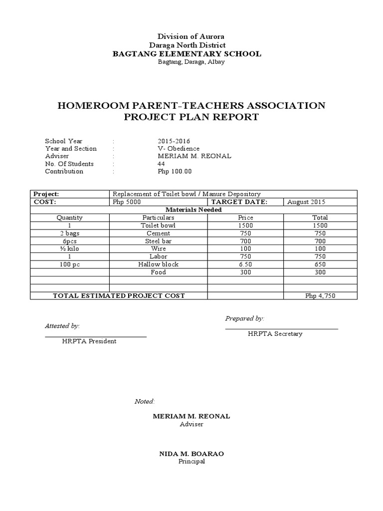Homeroom Parent-Teachers Association Project Plan Report: Bagtang ...