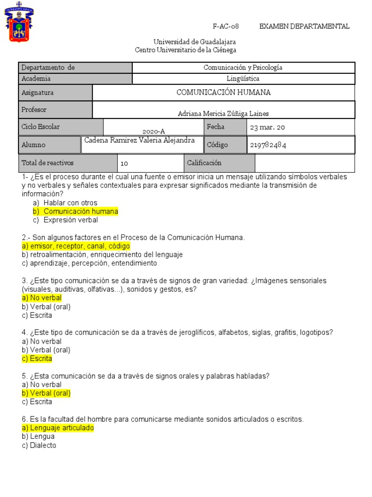 Exámen Com. Humana 20-A Contestado | PDF | Comunicación | Comunicación ...