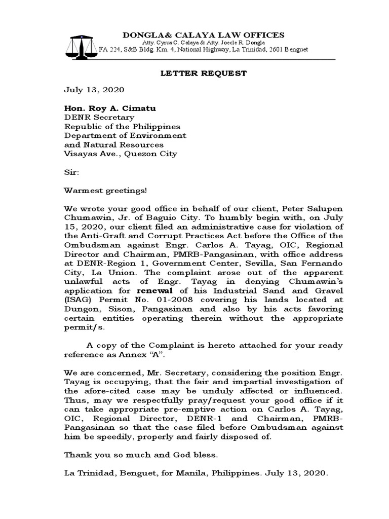 LETTER REQUEST - DENR.Chumawin.7.2020 | PDF