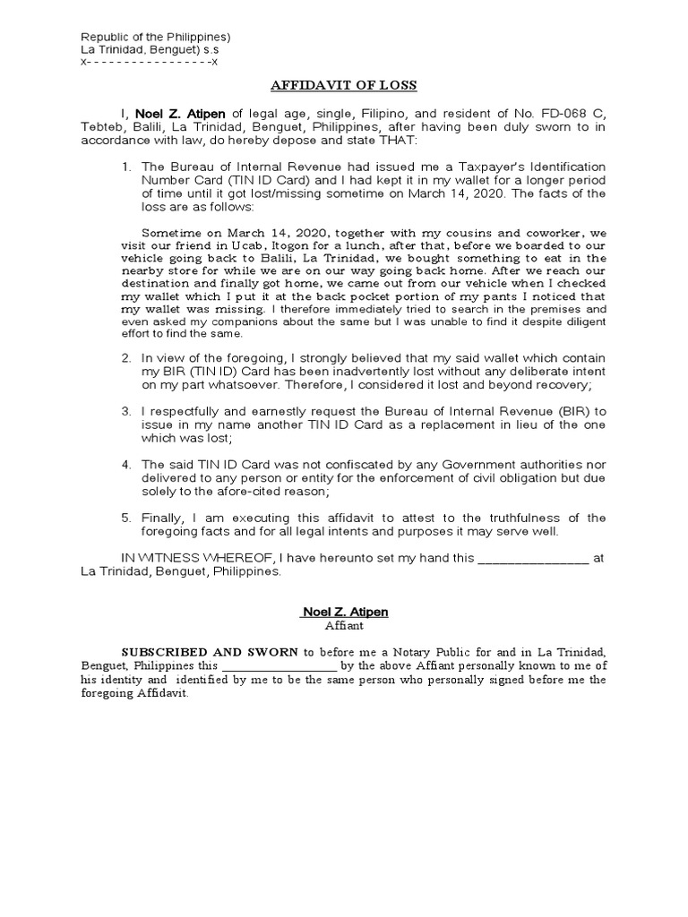 Affidavit of Loss-BIR TIN ID (Atipen) | PDF | Affidavit | Identity Document