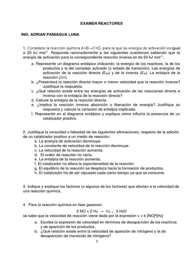 Segundo Parcial Reactores | PDF | Reacciones químicas | Entalpía