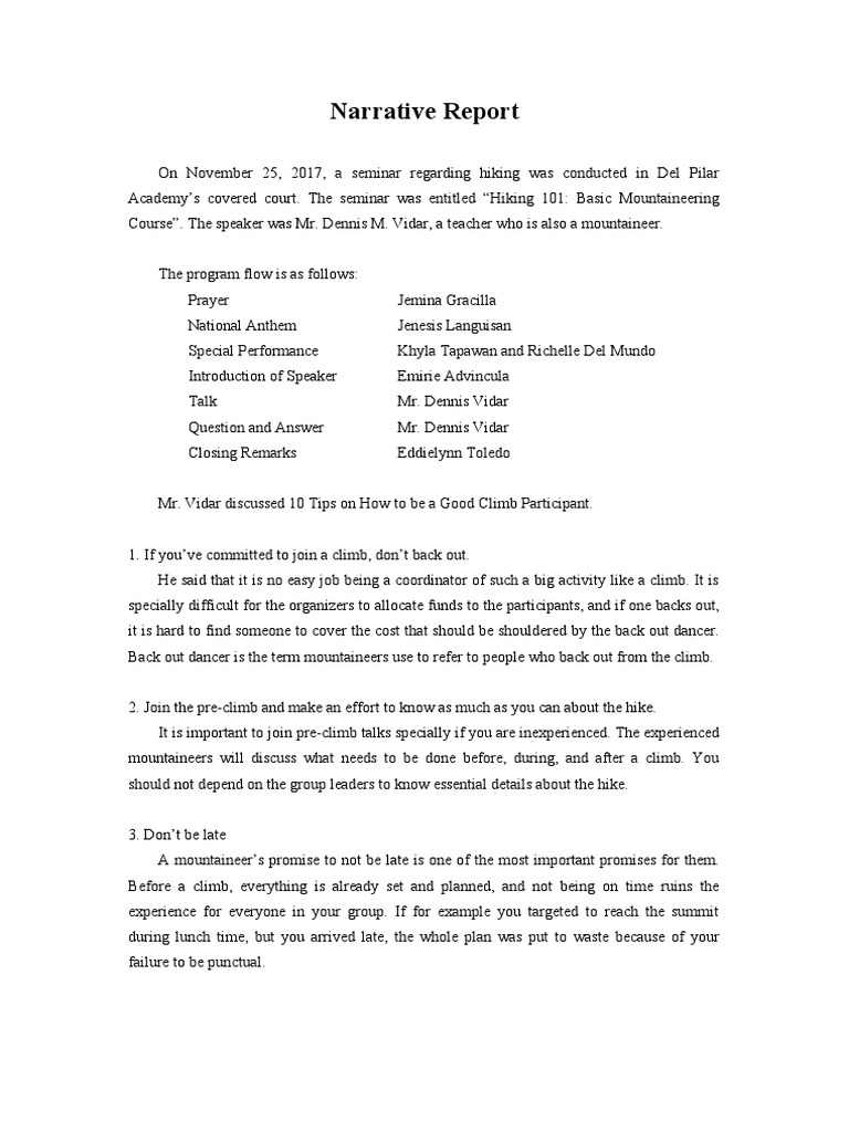 Narrative Report | PDF | Mountaineering