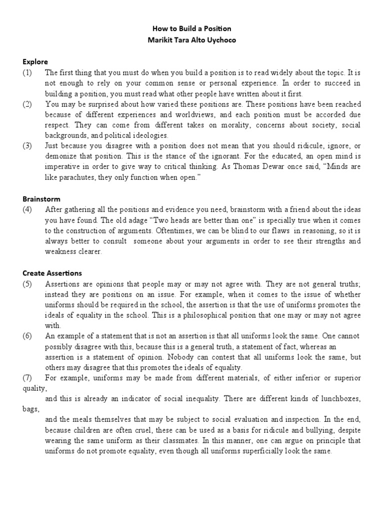 How To Build A Position I - Done (Lecture Notebook) | PDF | Argument | Idea