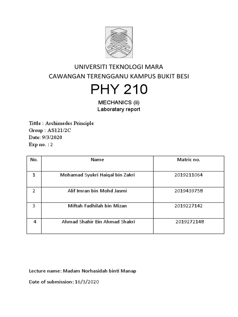 Phy 210 Lab Report Ex 2 | PDF | Buoyancy | Weight