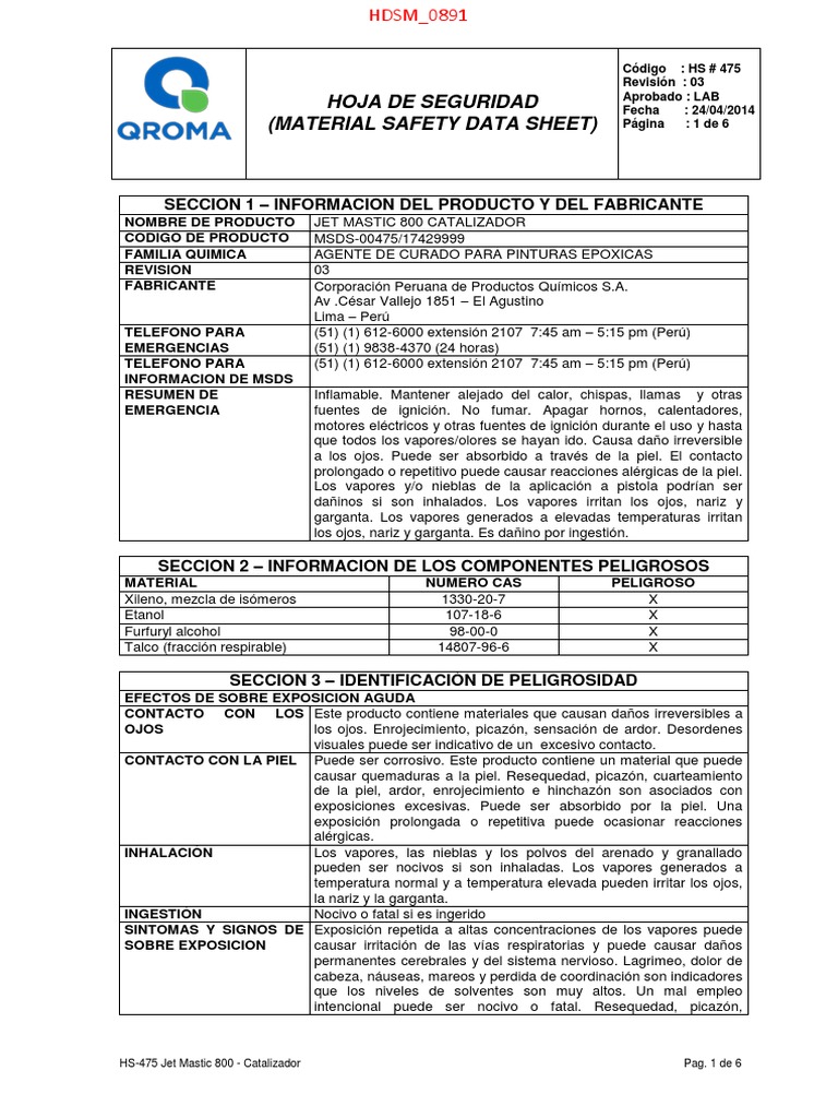 HDSM - 0891 - Jet Mastic 800 Catalizador | PDF | Combustión | Agua