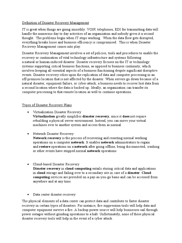 Definition of Disaster Recovery Management | PDF | Disaster Recovery ...