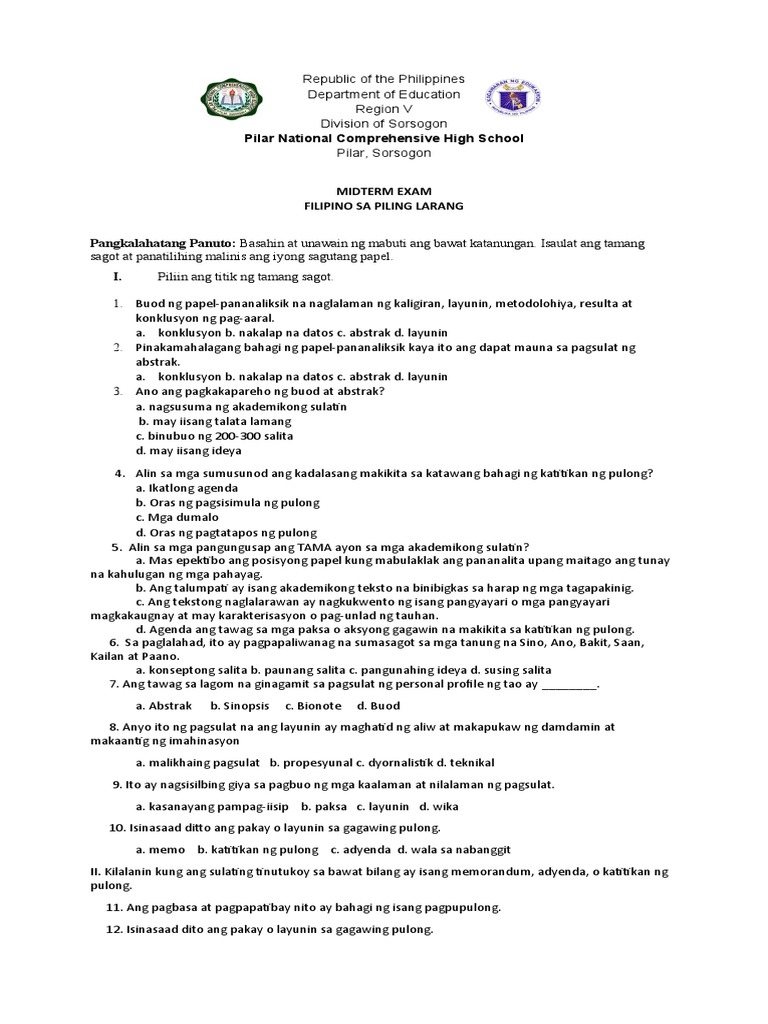 Midterm Fil. Sa Piling Larang | PDF