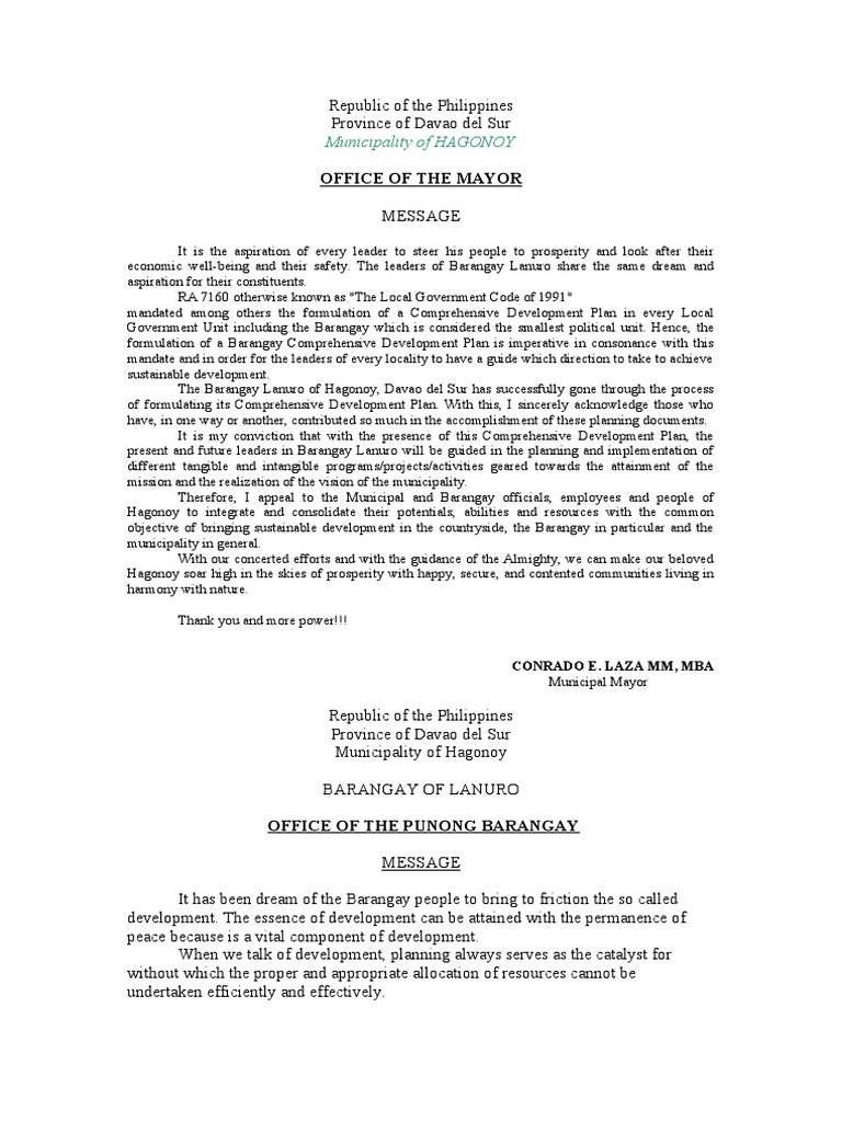 Barangay Lanuro Development Plan Message | PDF | Municipal Solid Waste ...