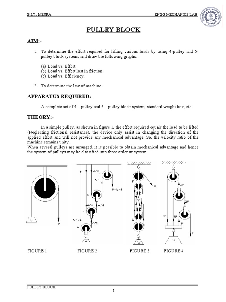 Pulley Block: B.I.T., Mesra Engg - Mechanics Lab | PDF | Equipment | Tools