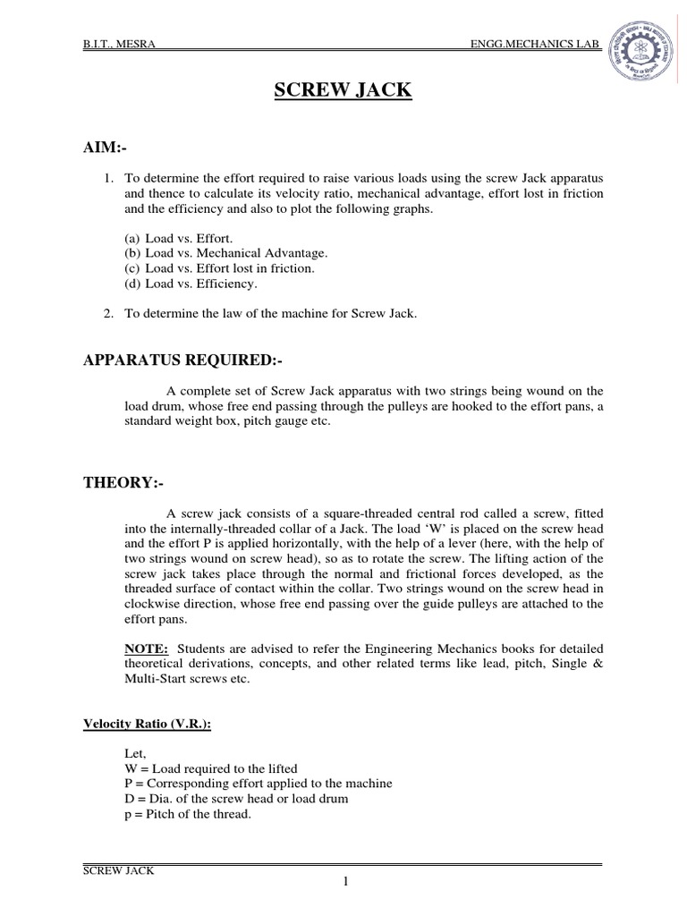 Screw Jack: B.I.T., Mesra Engg - Mechanics Lab | PDF | Machines | Physics
