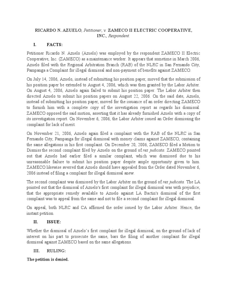 I. Facts:: Ricardo N. Azuelo, Petitioner, V. Zameco Ii Electric ...
